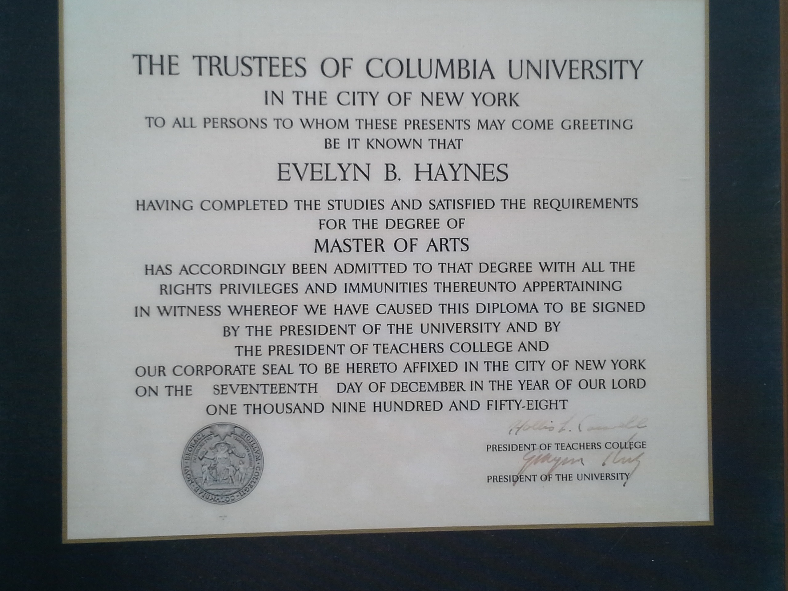 MA Degree Columbia University | Evelyn Bonaparte Haynes